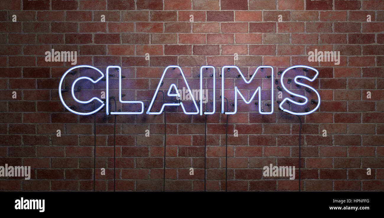 CLAIMS - fluorescent Neon tube Sign on brickwork - Front view - 3D ...