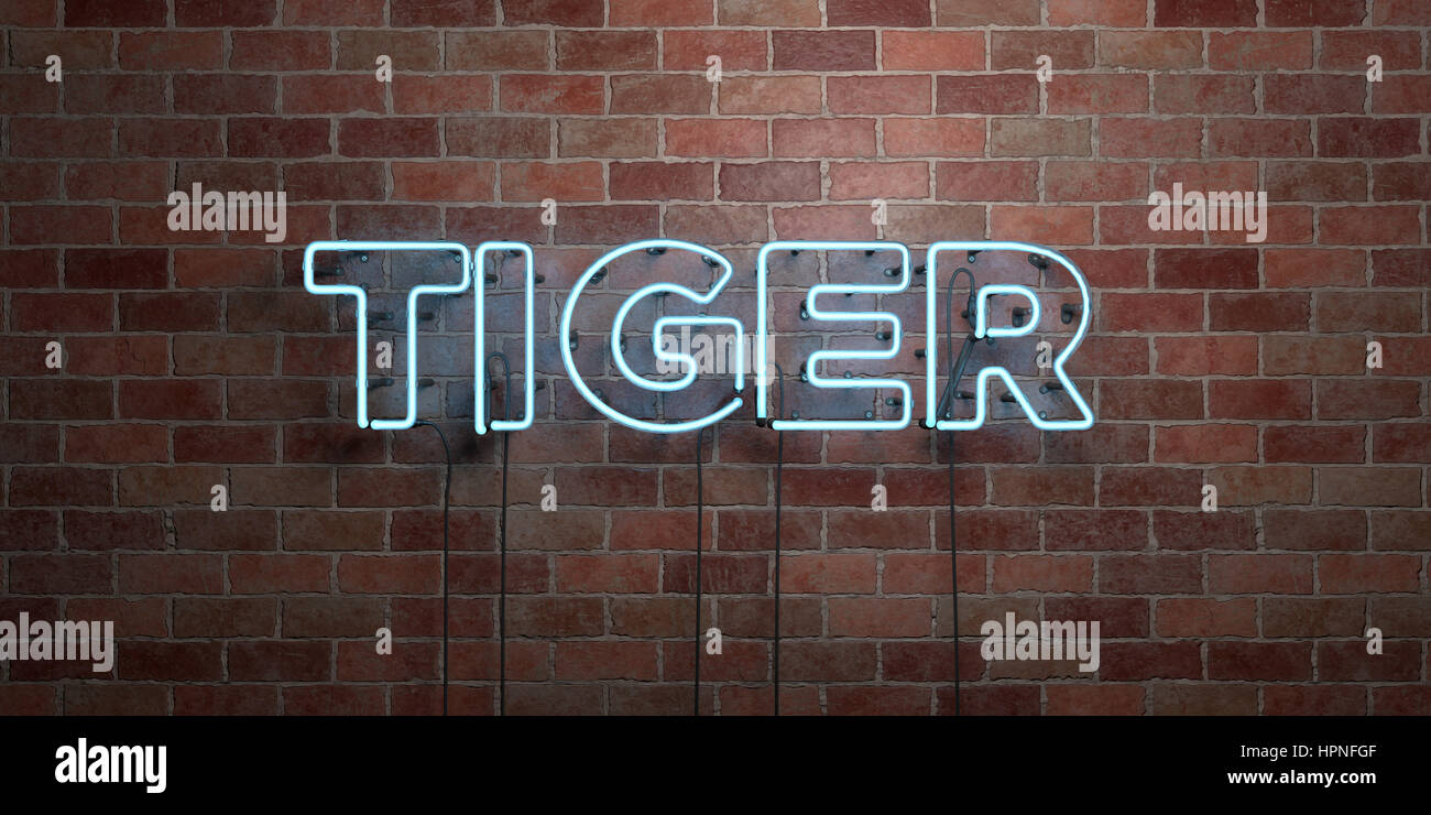 TIGER - fluorescent Neon tube Sign on brickwork - Front view - 3D ...