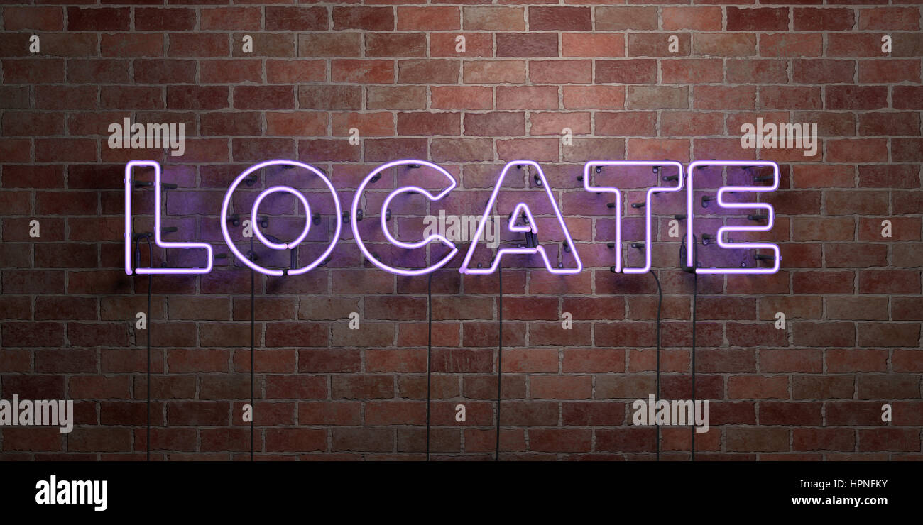LOCATE - fluorescent Neon tube Sign on brickwork - Front view - 3D ...