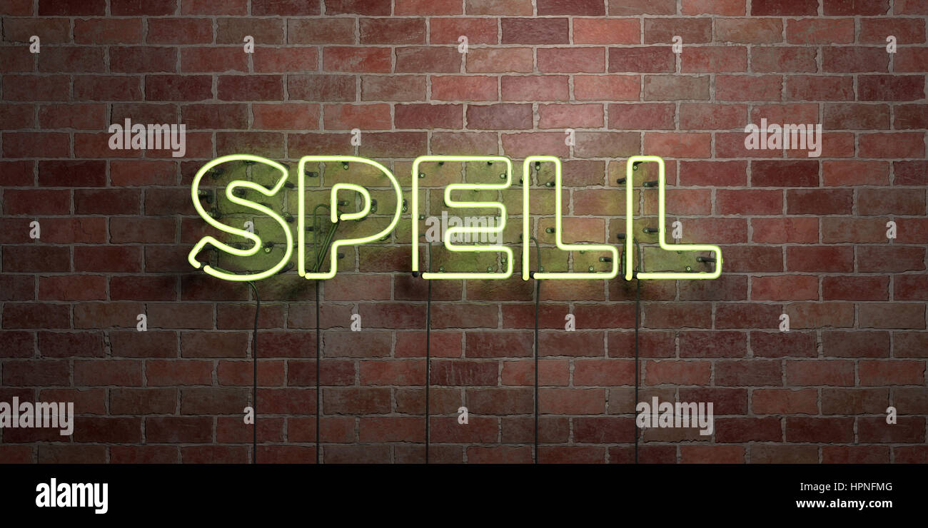 SPELL - fluorescent Neon tube Sign on brickwork - Front view - 3D ...