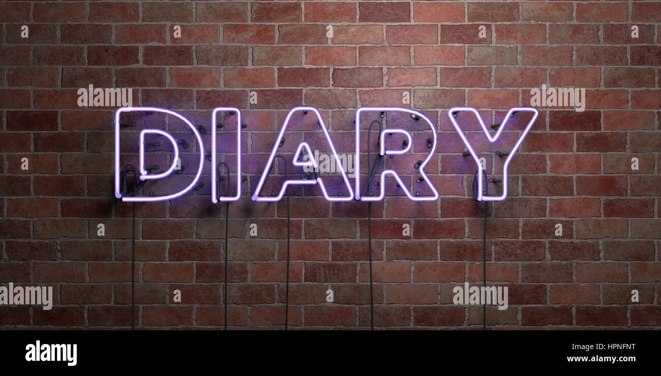 DIARY - fluorescent Neon tube Sign on brickwork - Front view - 3D ...