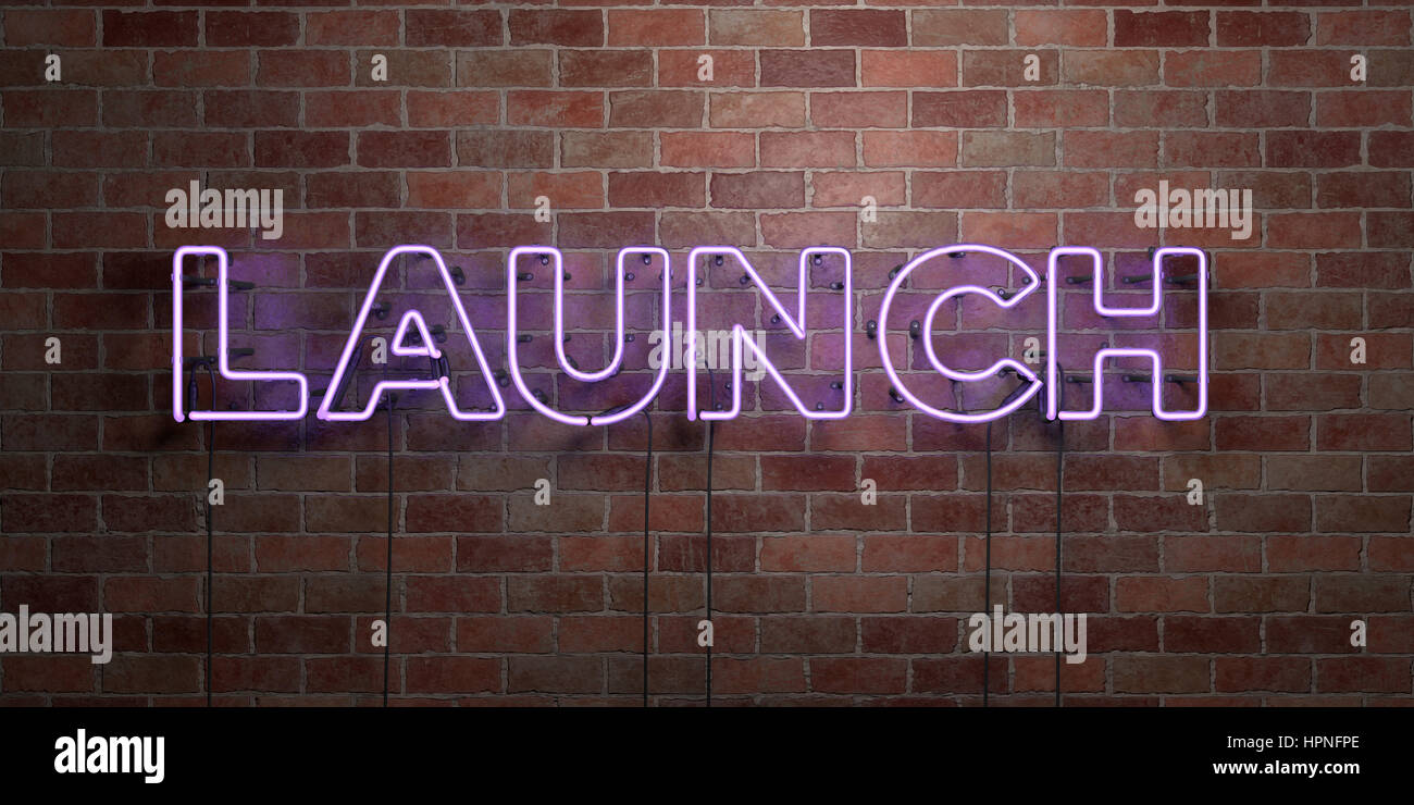 LAUNCH - fluorescent Neon tube Sign on brickwork - Front view - 3D ...