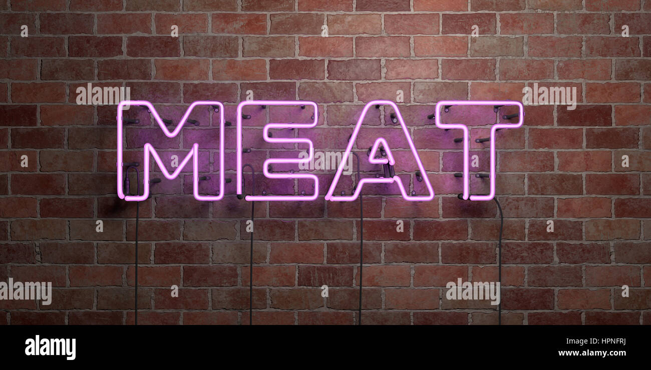 MEAT - fluorescent Neon tube Sign on brickwork - Front view - 3D ...