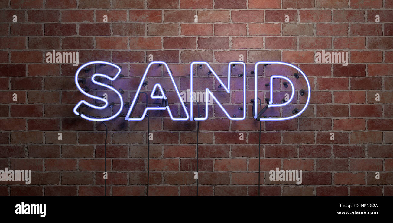 SAND - fluorescent Neon tube Sign on brickwork - Front view - 3D ...
