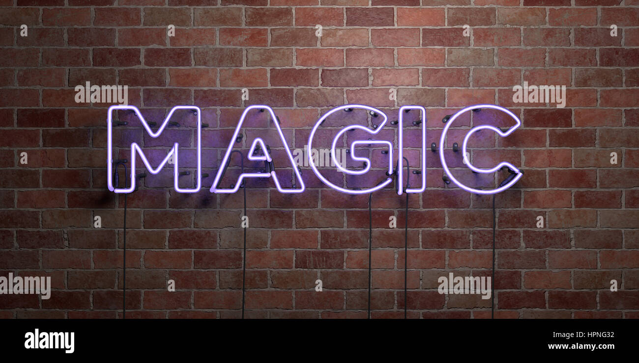 MAGIC - fluorescent Neon tube Sign on brickwork - Front view - 3D ...