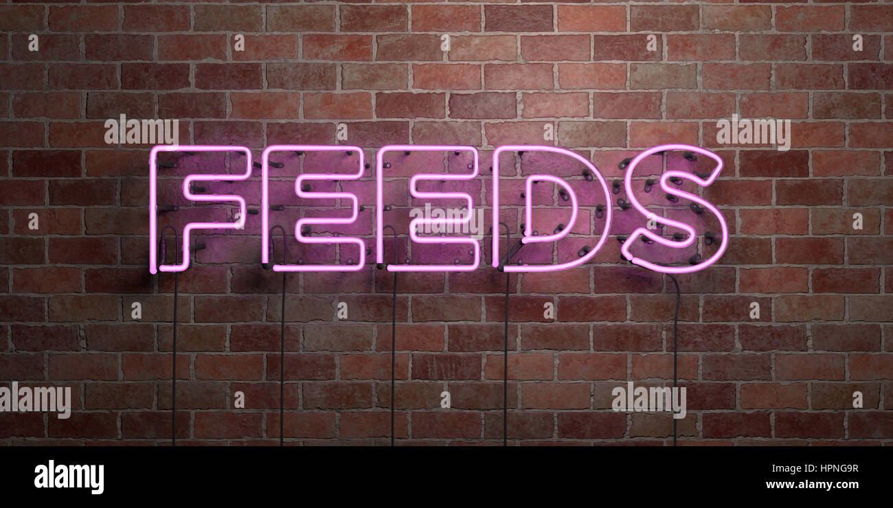 FEEDS - fluorescent Neon tube Sign on brickwork - Front view - 3D ...