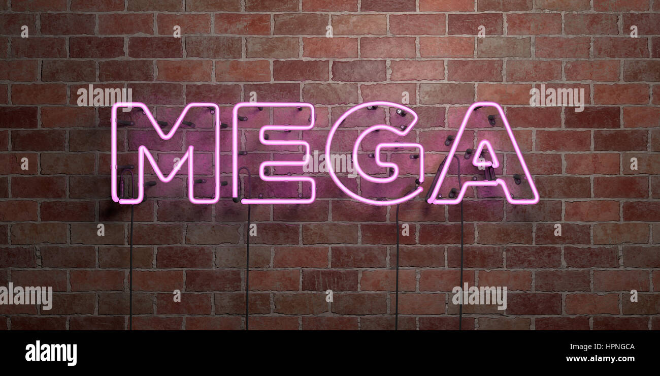MEGA - fluorescent Neon tube Sign on brickwork - Front view - 3D ...