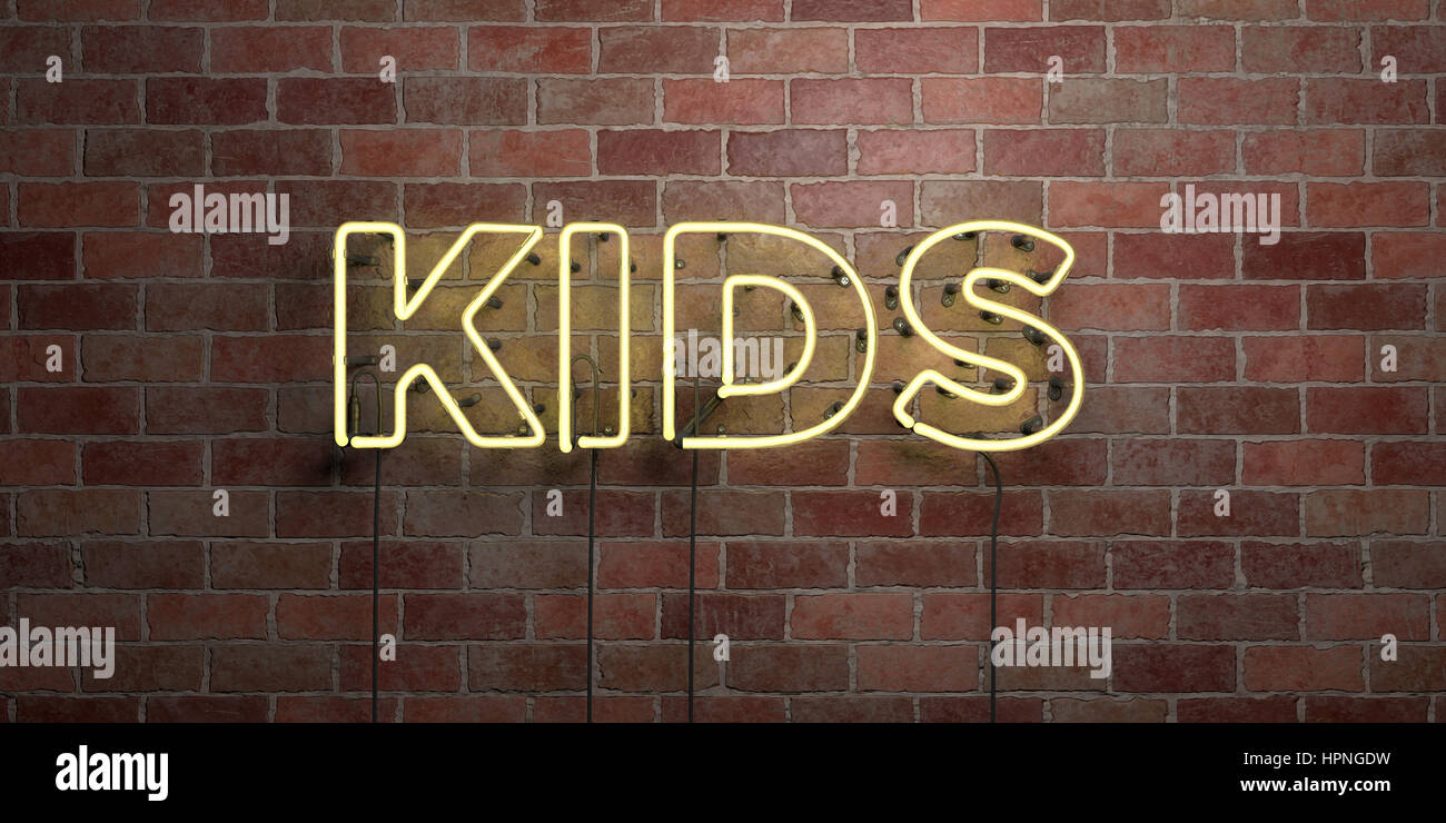 KIDS - fluorescent Neon tube Sign on brickwork - Front view - 3D ...