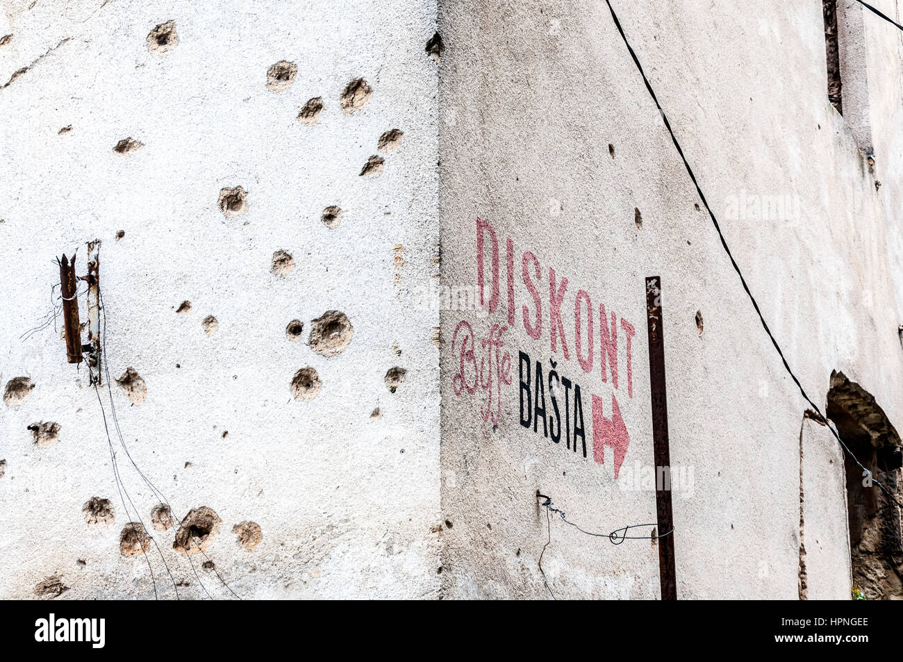 Wall pockmarked with bullet impacts in Mostar, Bosnia Herzegovina Stock ...