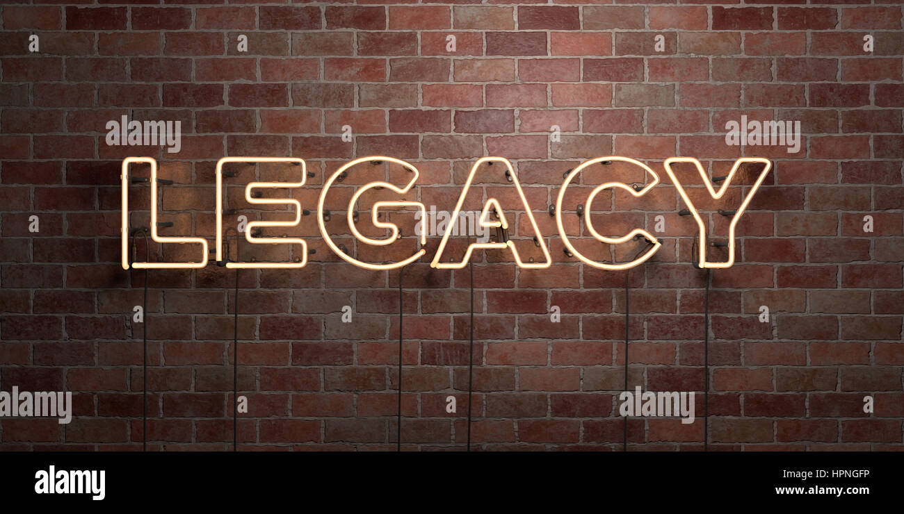 LEGACY - fluorescent Neon tube Sign on brickwork - Front view - 3D ...