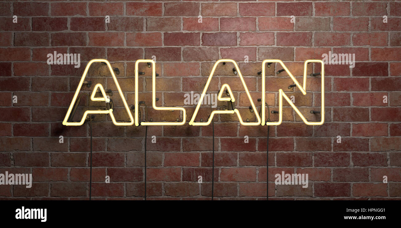 ALAN - fluorescent Neon tube Sign on brickwork - Front view - 3D ...