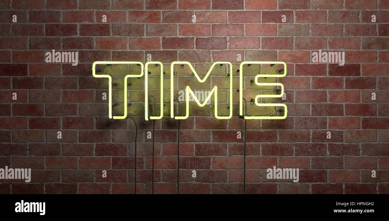 TIME - fluorescent Neon tube Sign on brickwork - Front view - 3D ...