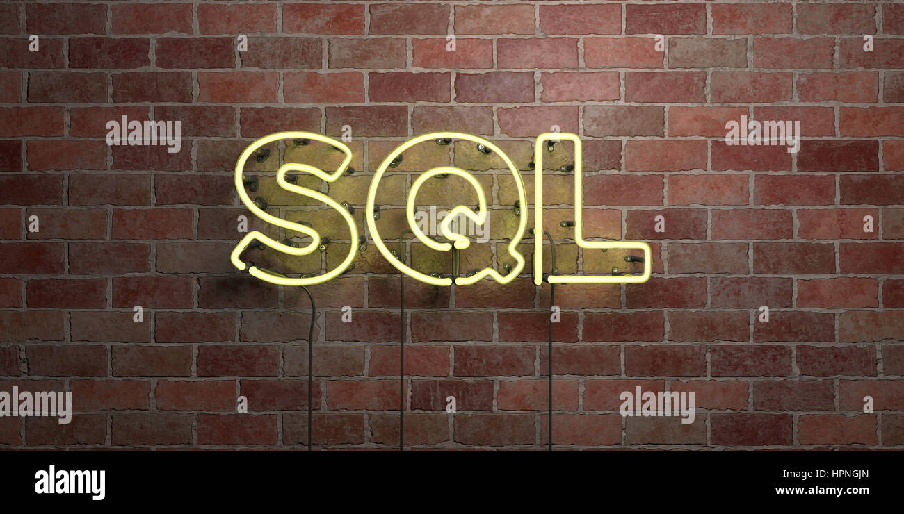SQL - fluorescent Neon tube Sign on brickwork - Front view - 3D ...