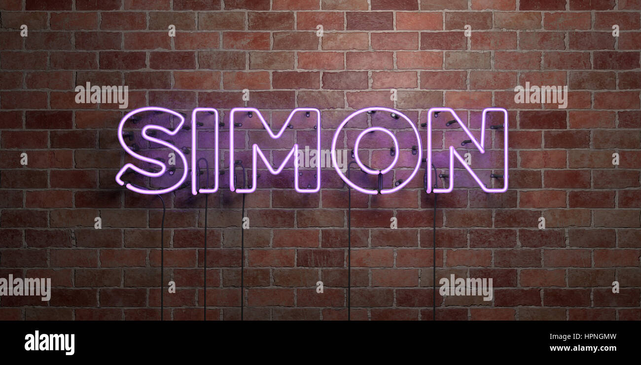 SIMON - fluorescent Neon tube Sign on brickwork - Front view - 3D ...