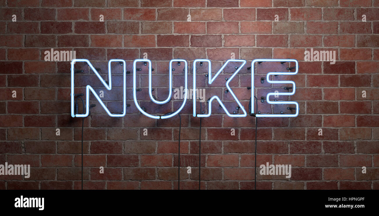 NUKE - fluorescent Neon tube Sign on brickwork - Front view - 3D ...