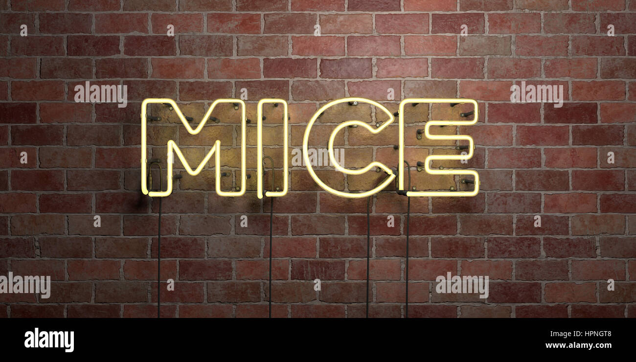 MICE - fluorescent Neon tube Sign on brickwork - Front view - 3D ...