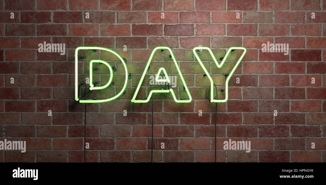 DAY - fluorescent Neon tube Sign on brickwork - Front view - 3D ...