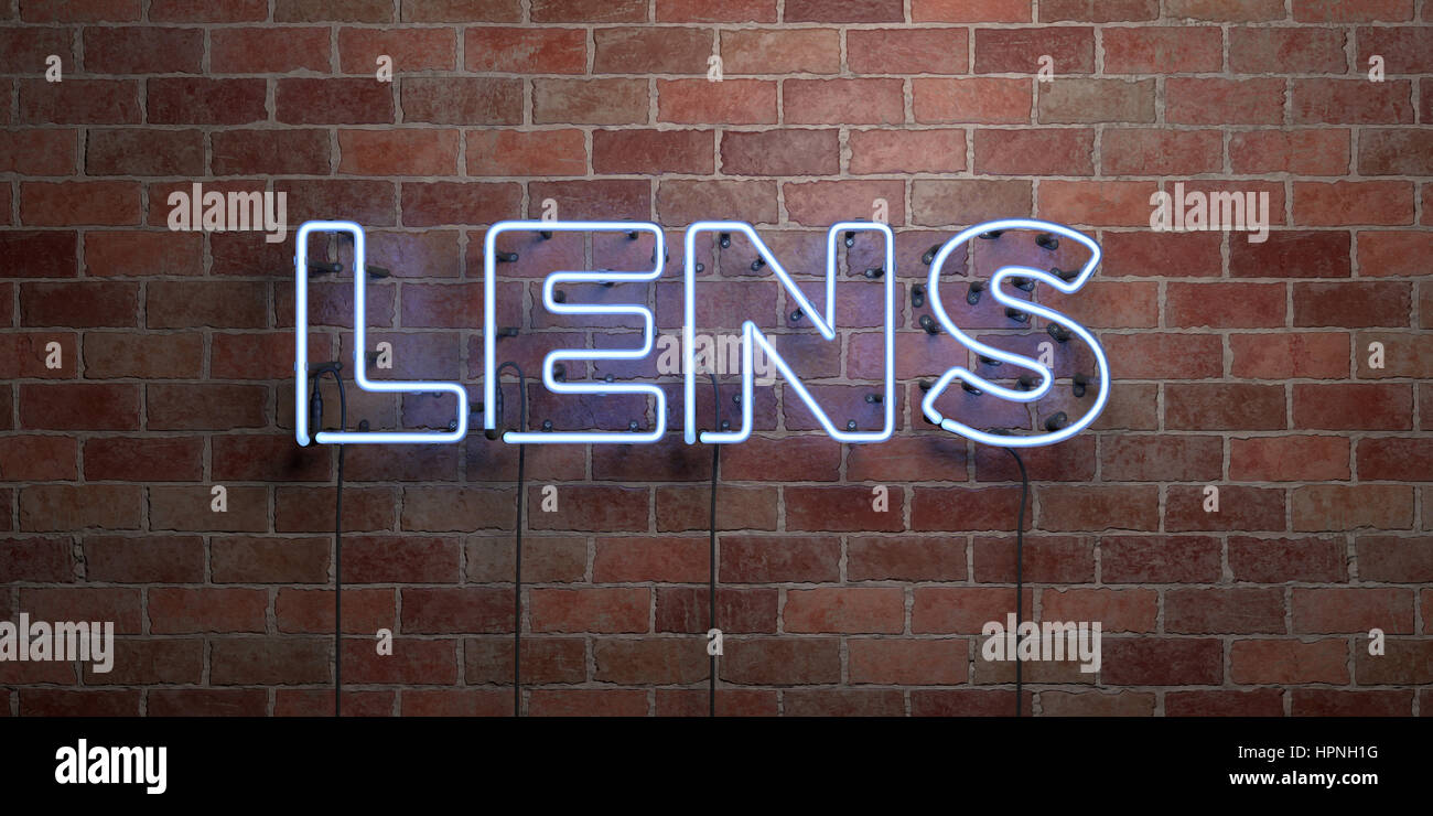 LENS - fluorescent Neon tube Sign on brickwork - Front view - 3D ...
