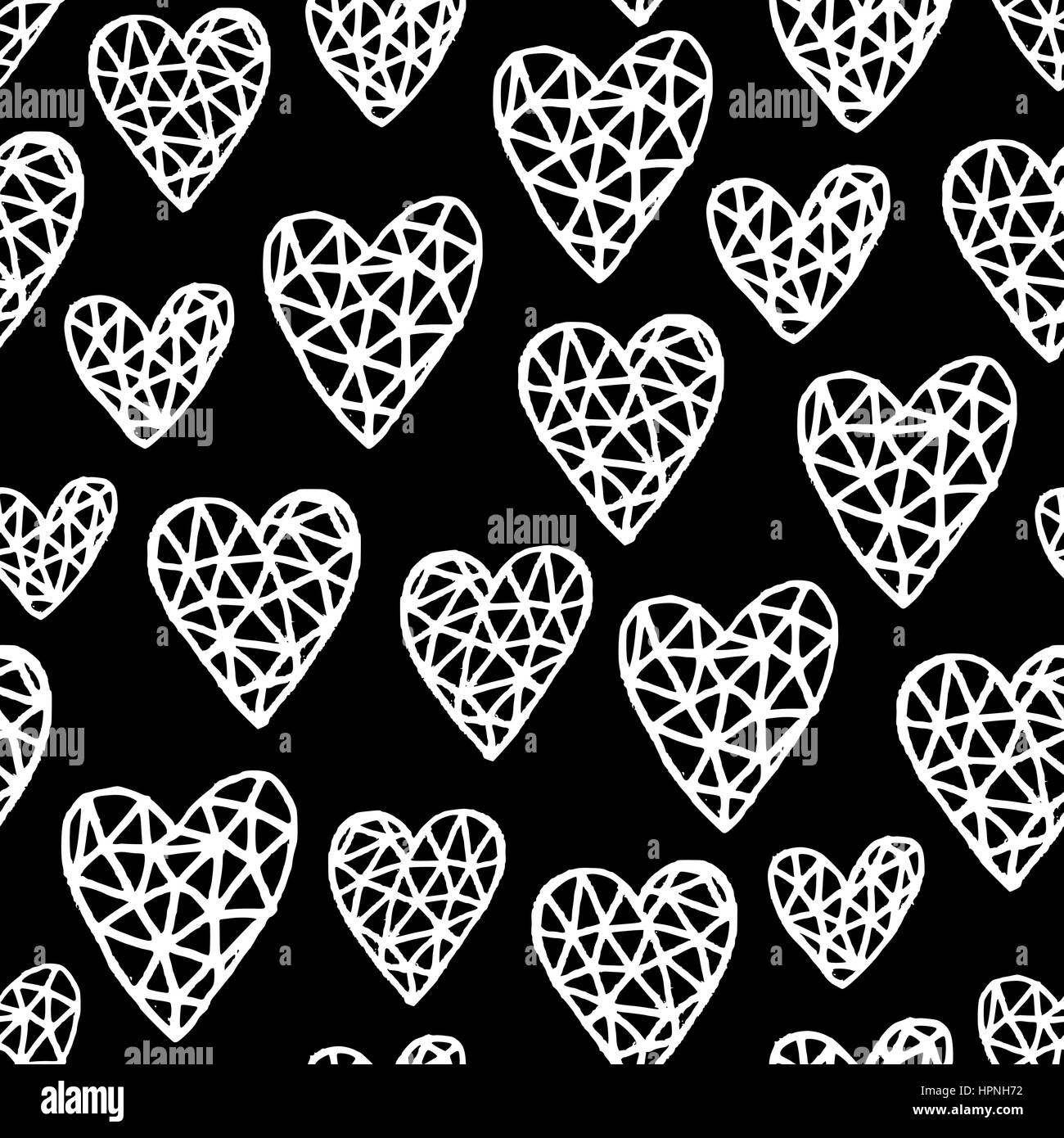 Hand drawn seamless repeating pattern with hearts in black and white ...