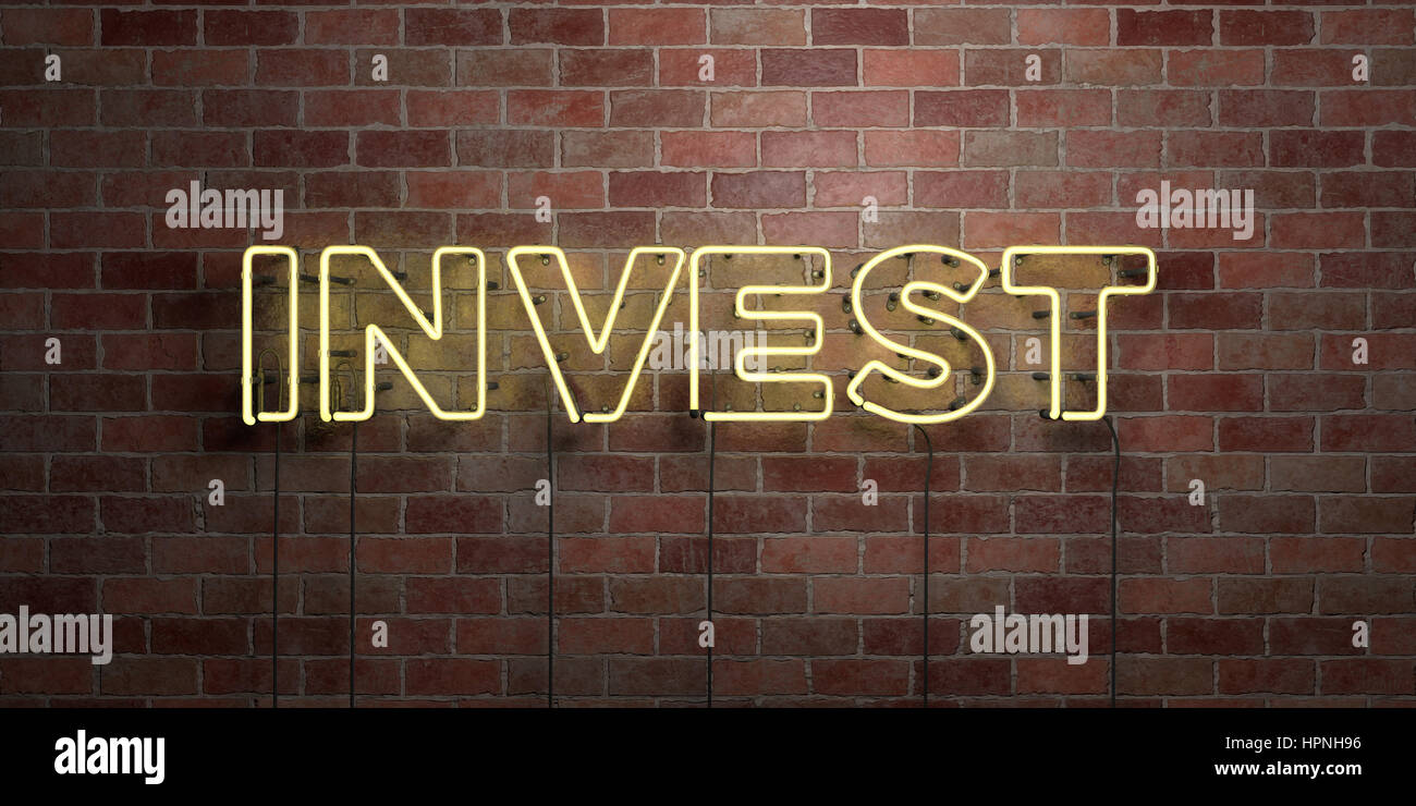 INVEST - fluorescent Neon tube Sign on brickwork - Front view - 3D ...