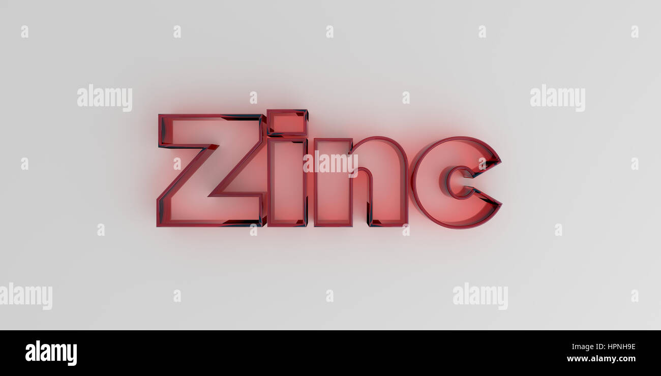 Zinc - Red glass text on white background - 3D rendered royalty free ...