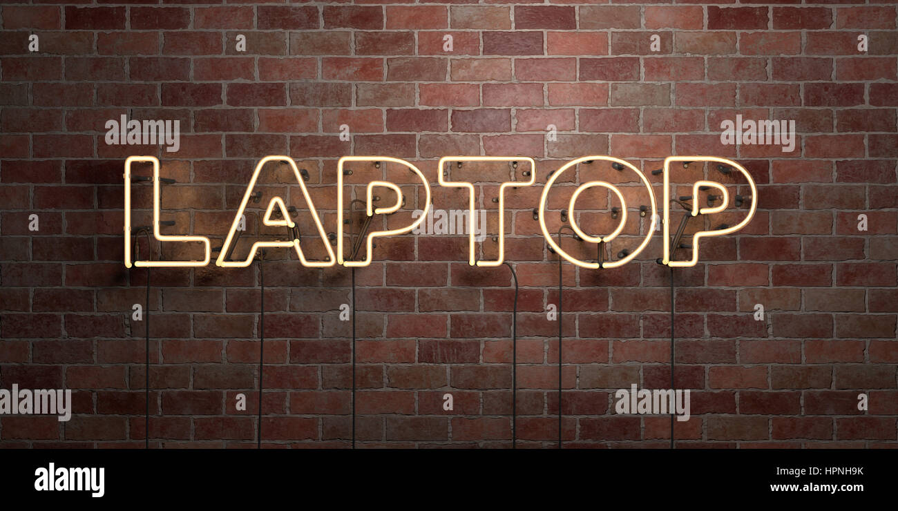 LAPTOP - fluorescent Neon tube Sign on brickwork - Front view - 3D ...