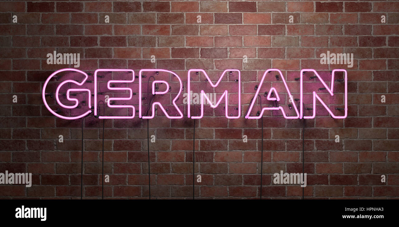 GERMAN - fluorescent Neon tube Sign on brickwork - Front view - 3D ...