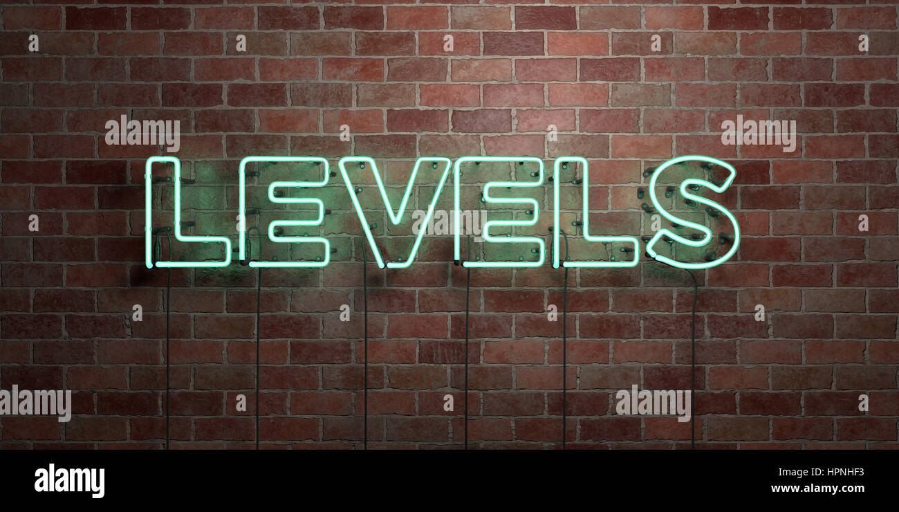 LEVELS - fluorescent Neon tube Sign on brickwork - Front view - 3D ...