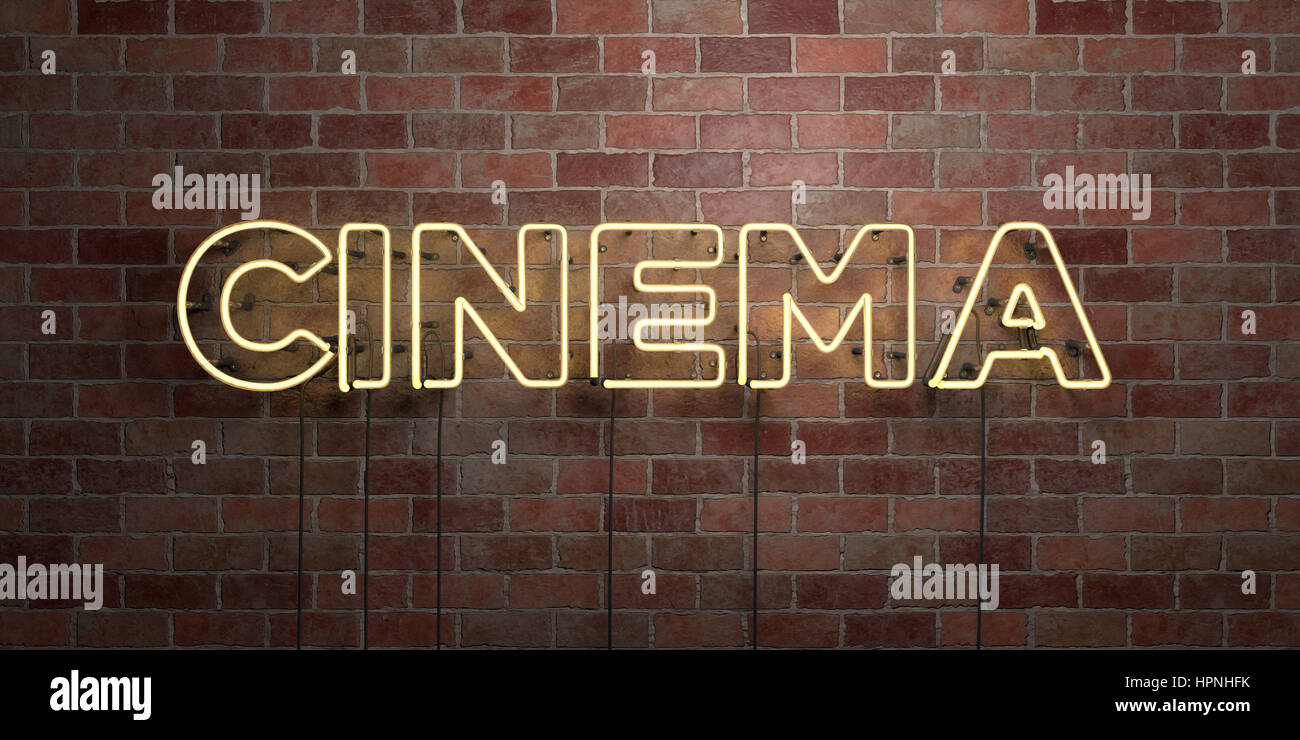 CINEMA - fluorescent Neon tube Sign on brickwork - Front view - 3D ...