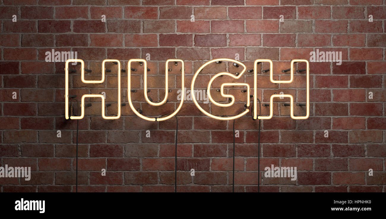 HUGH - fluorescent Neon tube Sign on brickwork - Front view - 3D ...