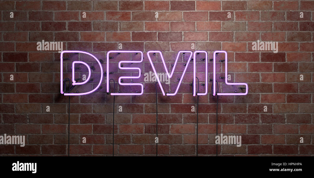 DEVIL - fluorescent Neon tube Sign on brickwork - Front view - 3D ...