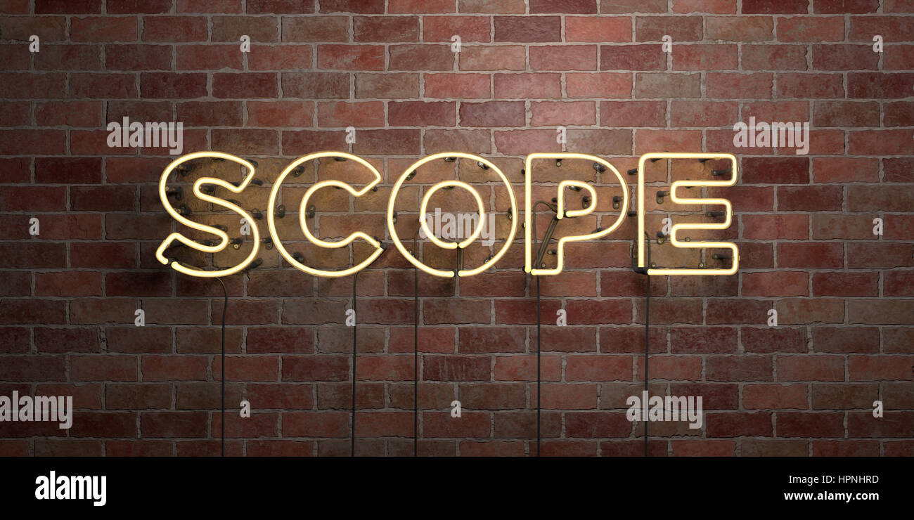 SCOPE - fluorescent Neon tube Sign on brickwork - Front view - 3D ...