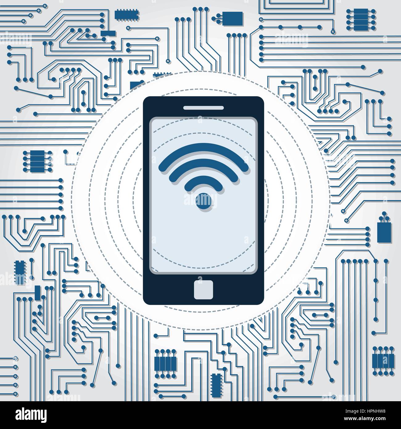 Electronics circuit background with a phone with wireless connection ...