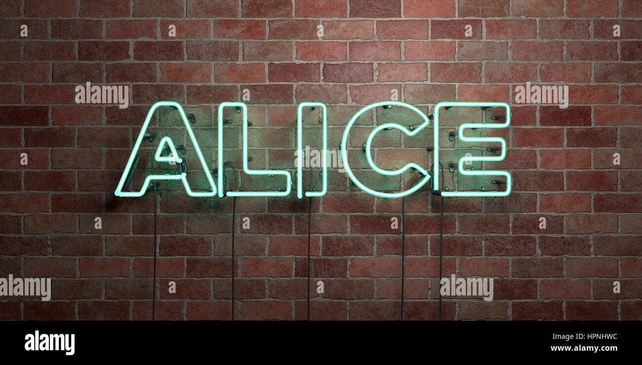 ALICE - fluorescent Neon tube Sign on brickwork - Front view - 3D ...