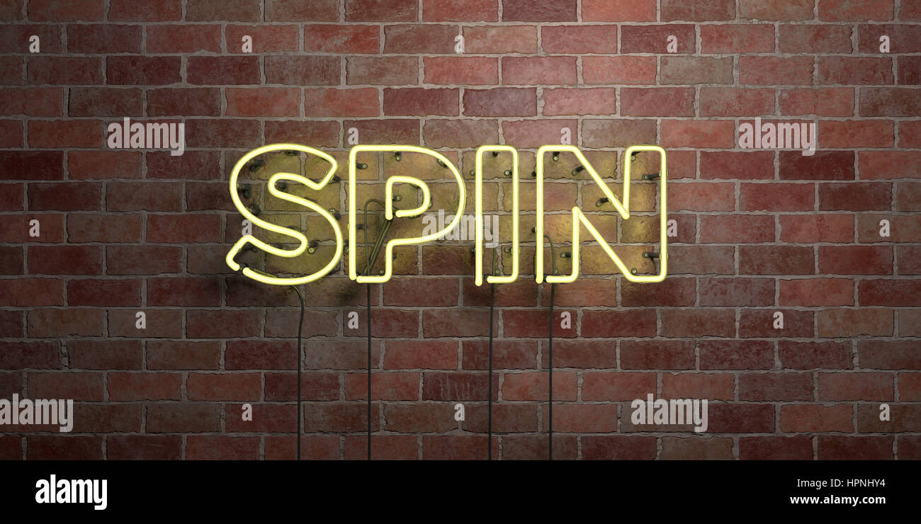 SPIN - fluorescent Neon tube Sign on brickwork - Front view - 3D ...