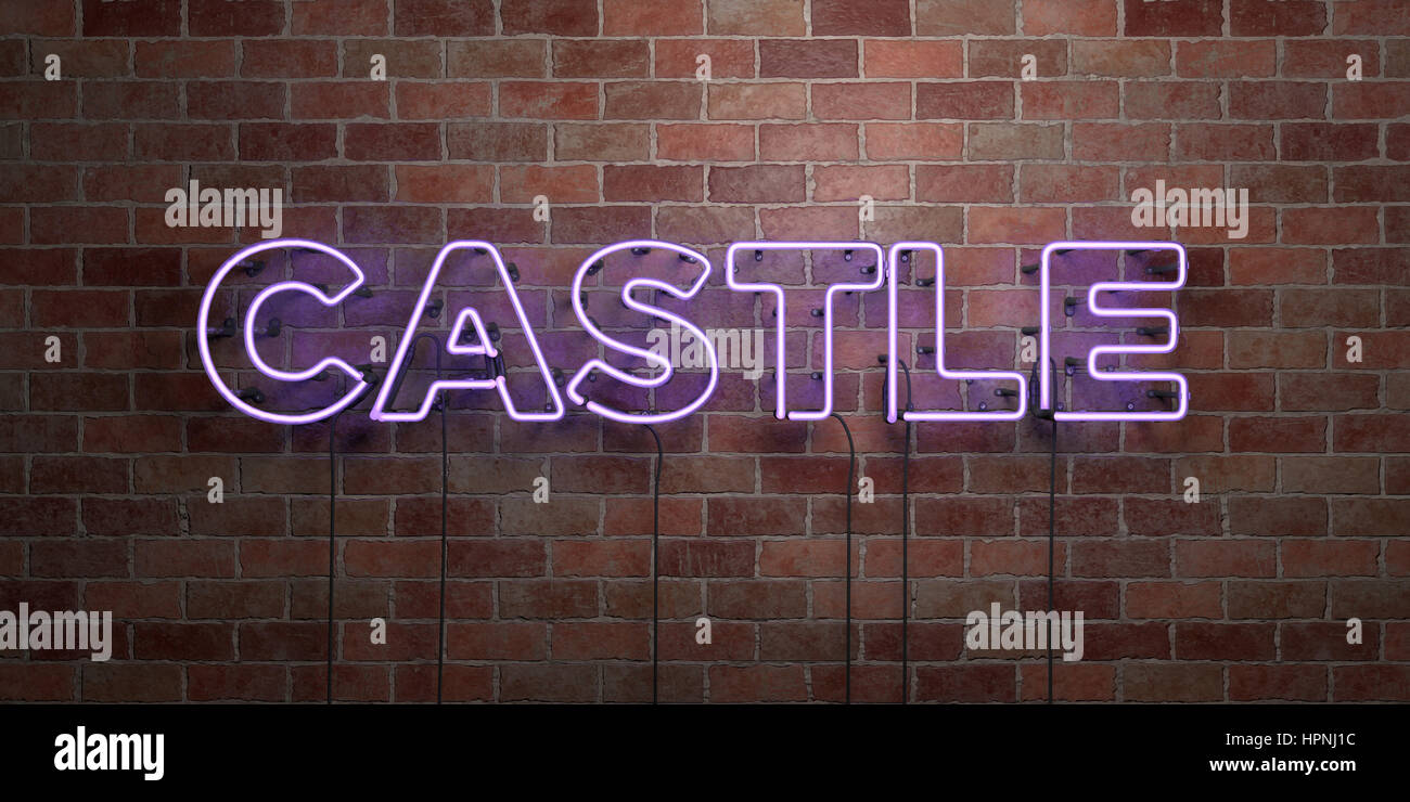 CASTLE - fluorescent Neon tube Sign on brickwork - Front view - 3D ...