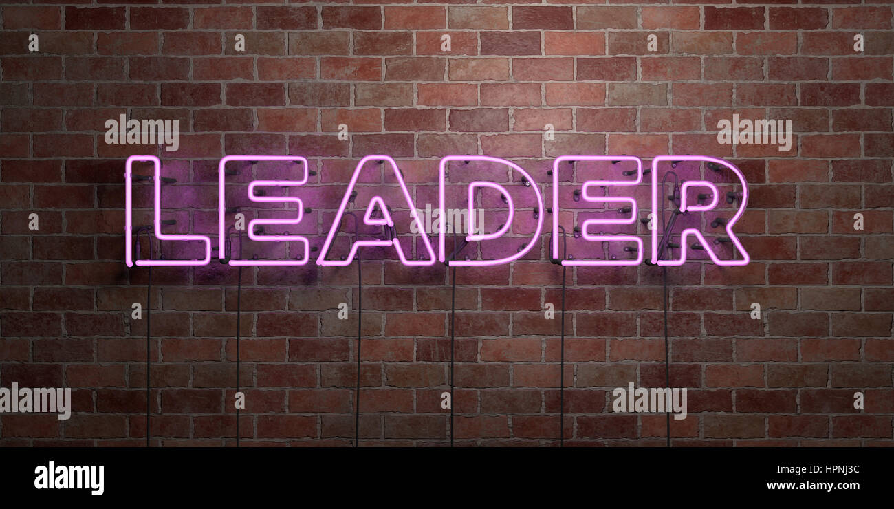 LEADER - fluorescent Neon tube Sign on brickwork - Front view - 3D ...