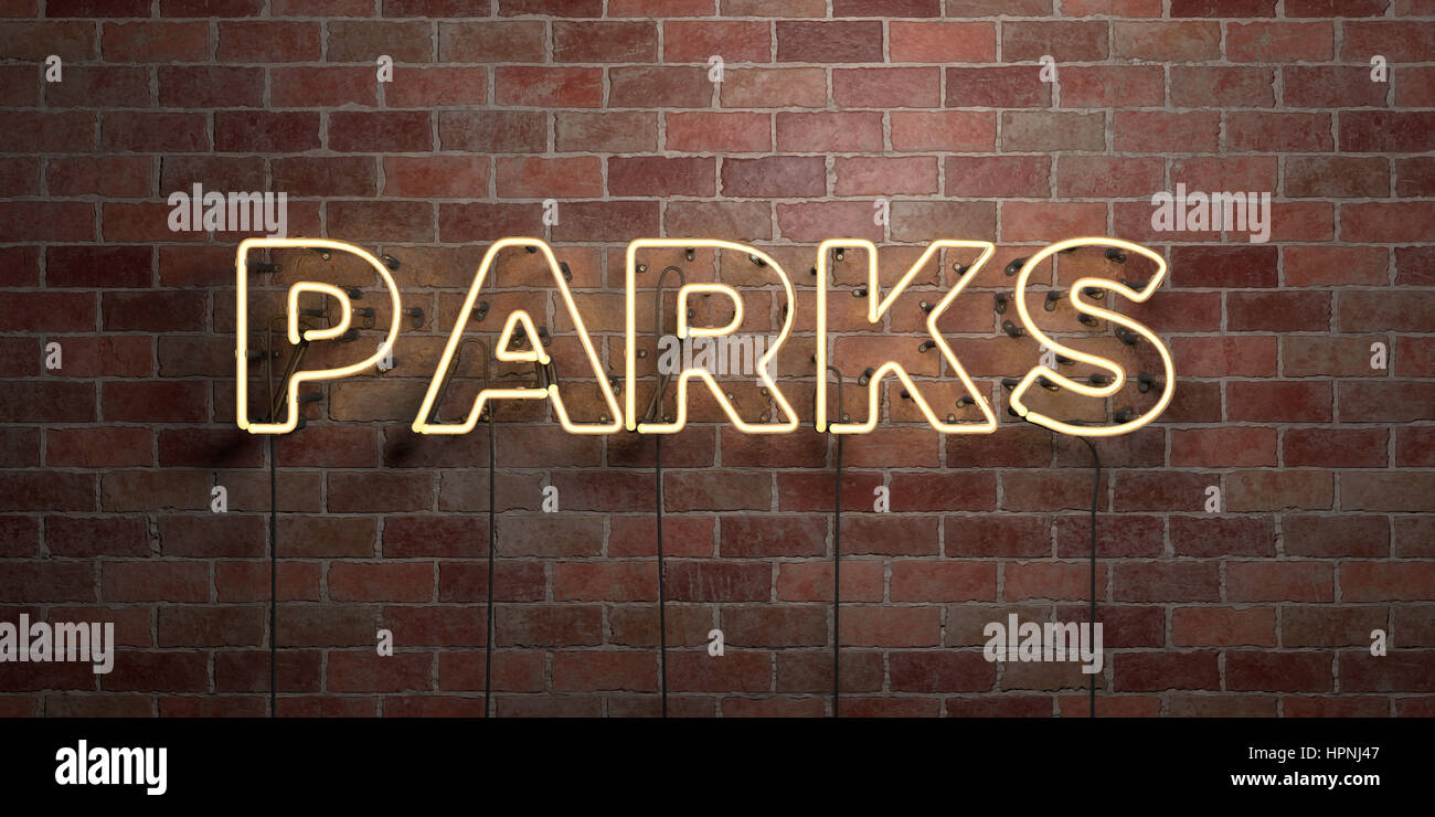 PARKS - fluorescent Neon tube Sign on brickwork - Front view - 3D ...