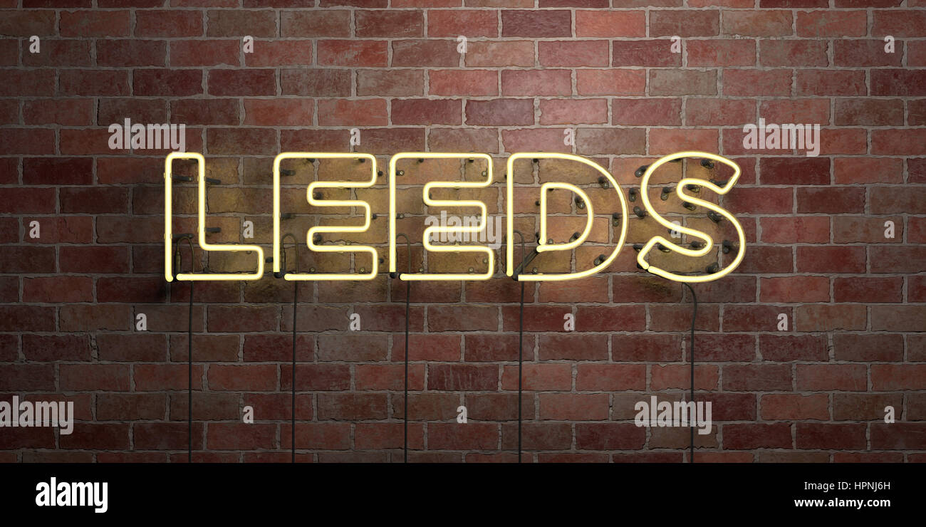 LEEDS - fluorescent Neon tube Sign on brickwork - Front view - 3D ...