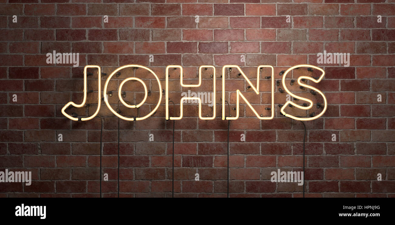 JOHNS - fluorescent Neon tube Sign on brickwork - Front view - 3D ...