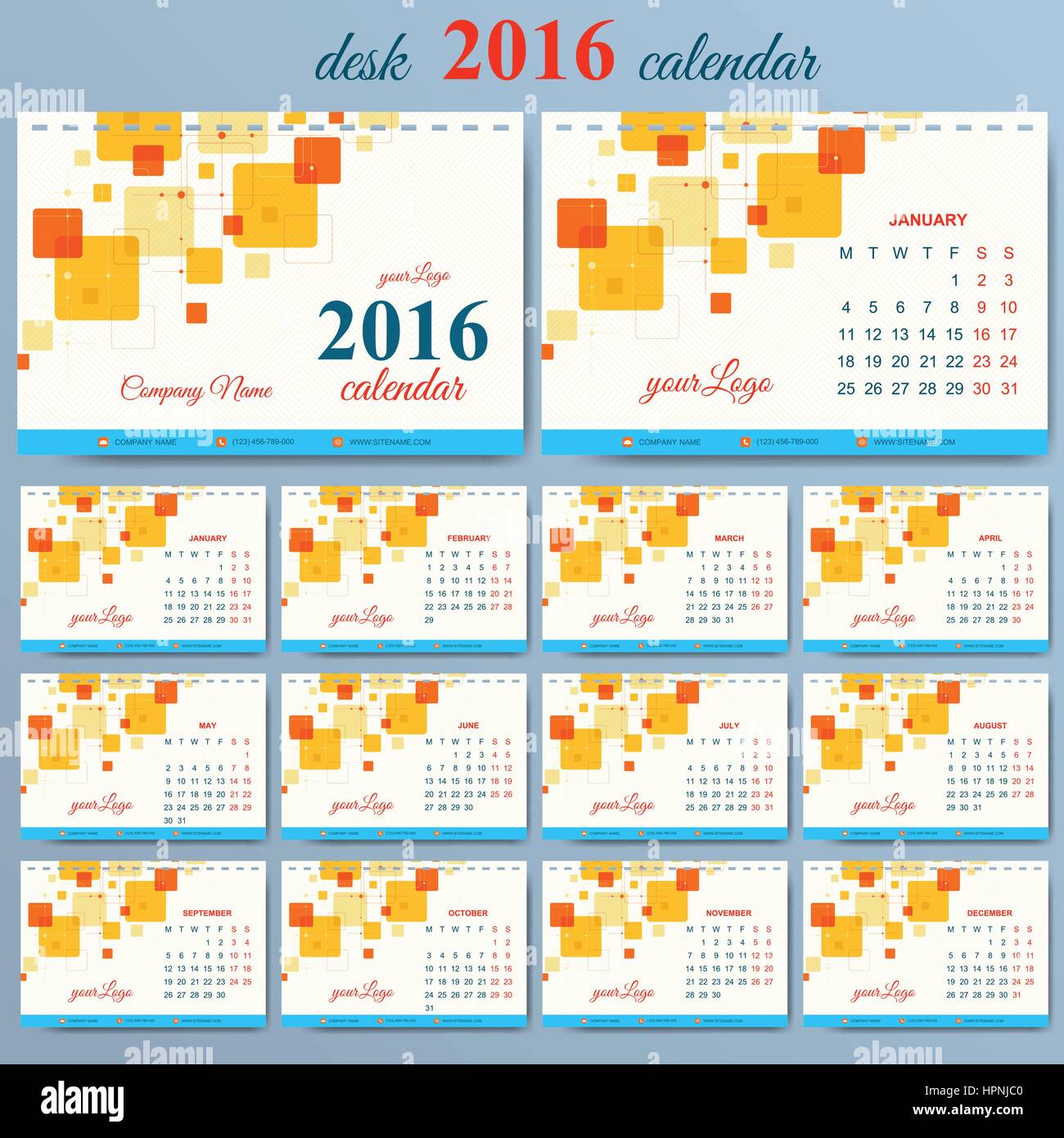 Vector template desk calendar 2016 years . Week starts monday Stock ...