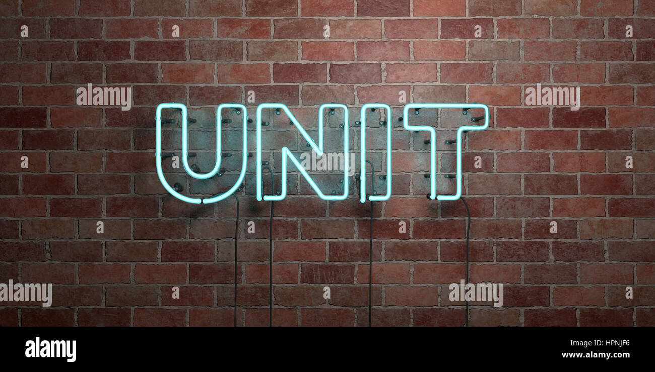 UNIT - fluorescent Neon tube Sign on brickwork - Front view - 3D ...