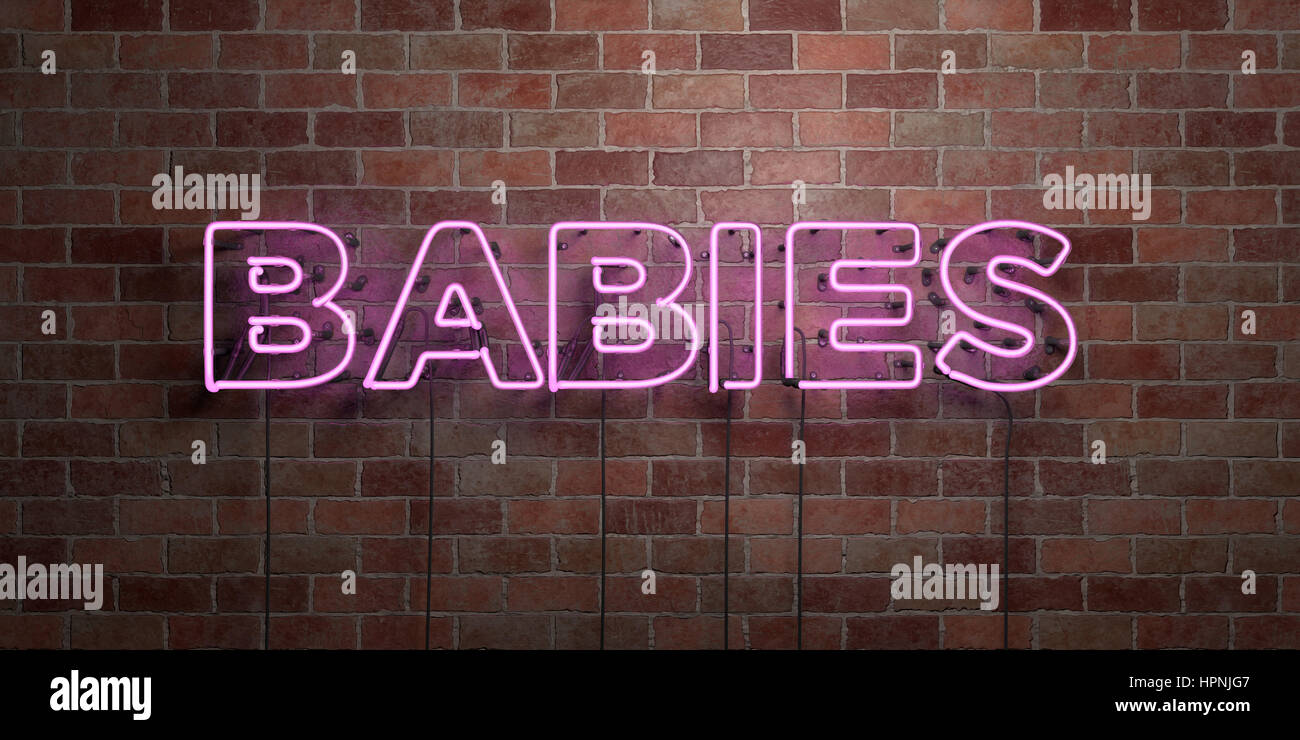 BABIES - fluorescent Neon tube Sign on brickwork - Front view - 3D ...