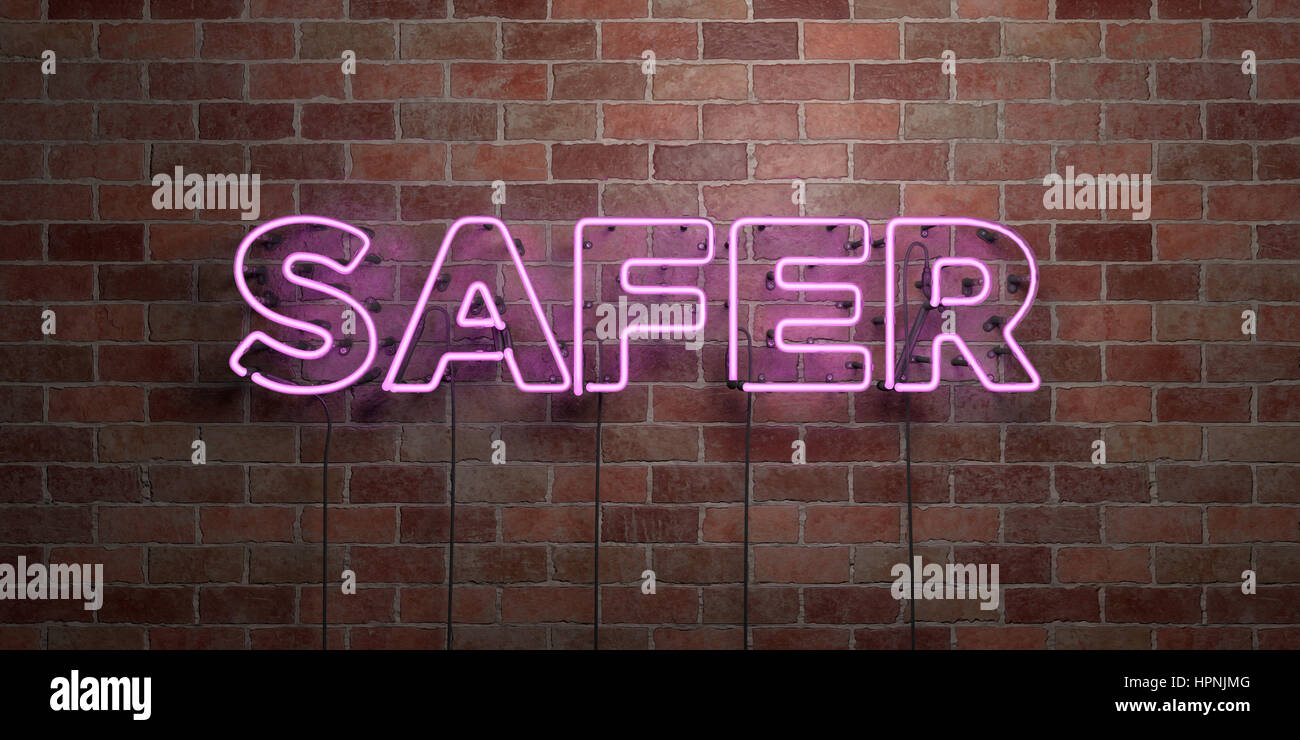 SAFER - fluorescent Neon tube Sign on brickwork - Front view - 3D ...