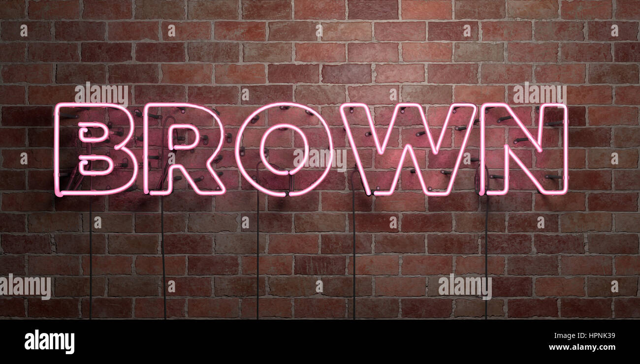 BROWN - fluorescent Neon tube Sign on brickwork - Front view - 3D ...