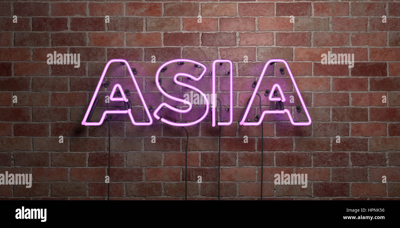 ASIA - fluorescent Neon tube Sign on brickwork - Front view - 3D ...