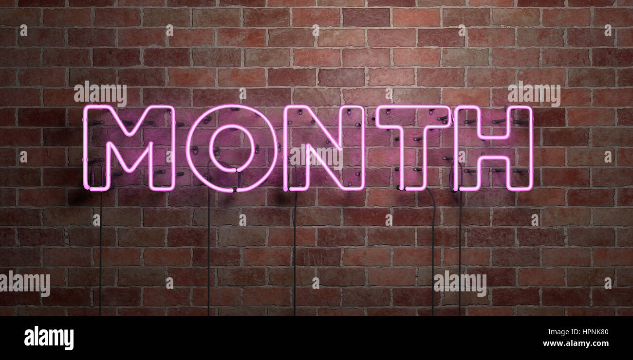 MONTH - fluorescent Neon tube Sign on brickwork - Front view - 3D ...