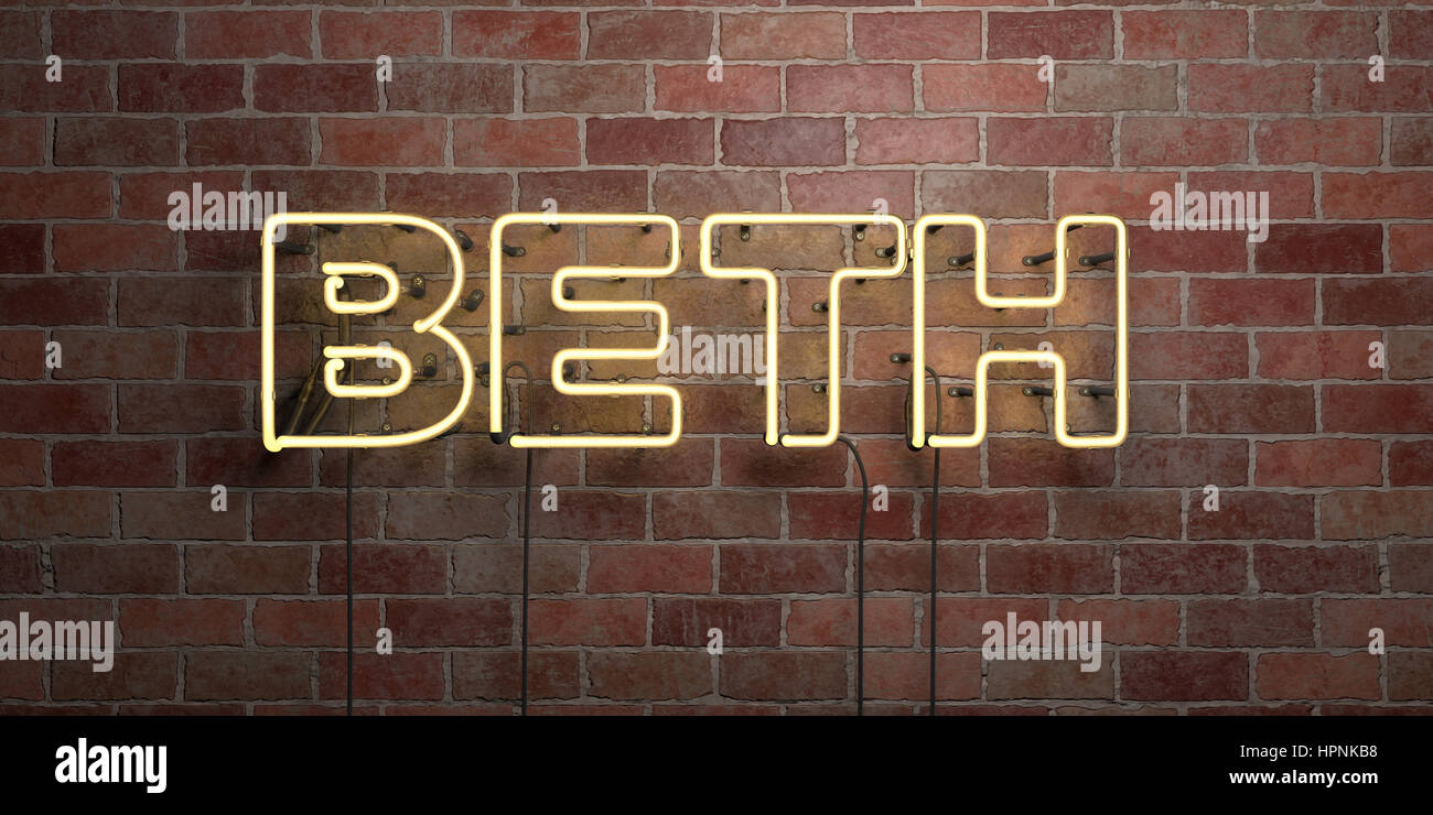 BETH - fluorescent Neon tube Sign on brickwork - Front view - 3D ...