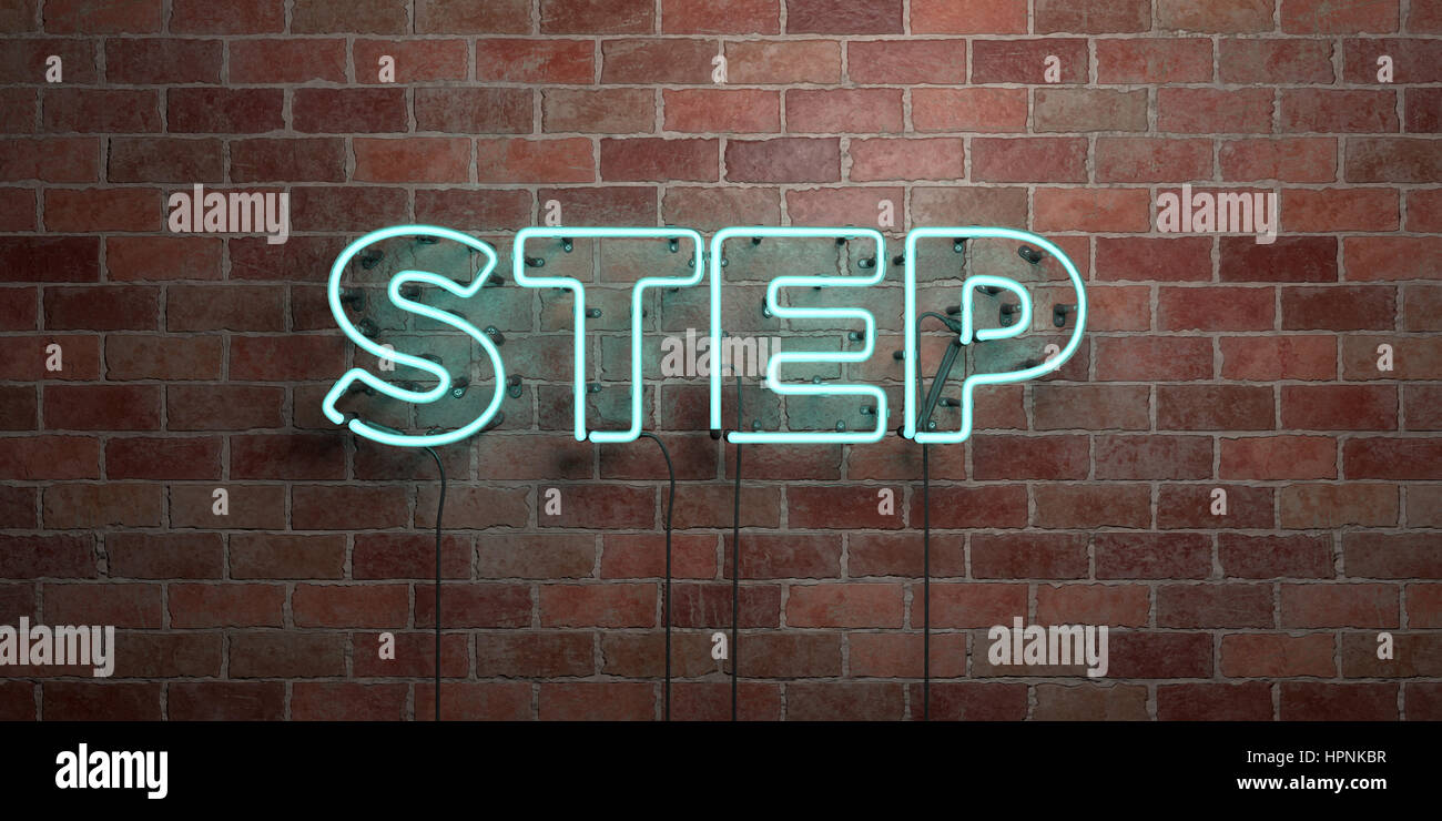 STEP - fluorescent Neon tube Sign on brickwork - Front view - 3D ...