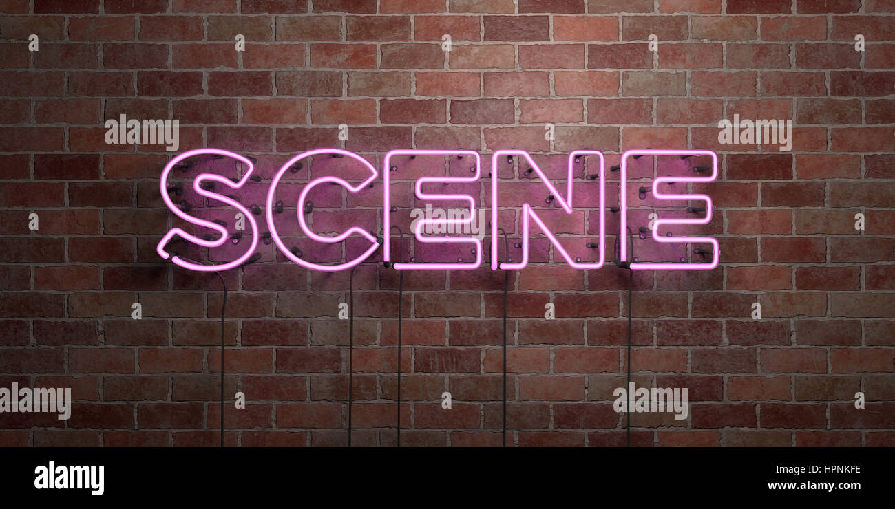 SCENE - fluorescent Neon tube Sign on brickwork - Front view - 3D ...